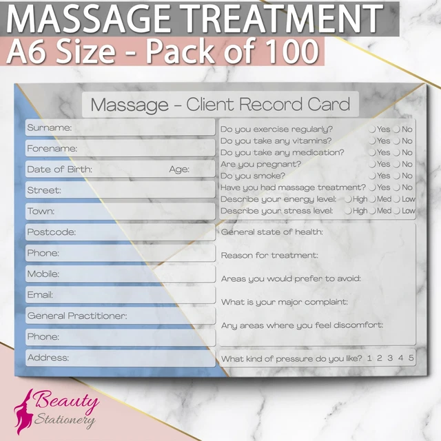 MASSAGE CLIENT RECORD Card Consultation Form Beauty Salon Therapists A6 ...