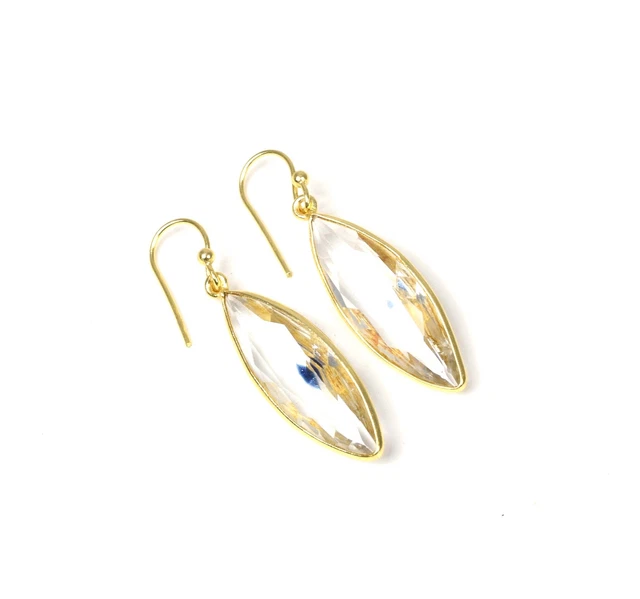 925 Solid Sterling Silver 24ct Gold Overlay Crystal Quartz Hook Earring
