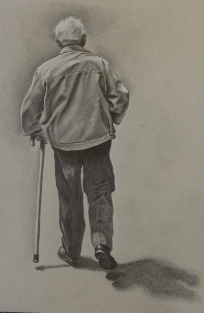 ORIGINAL ELDERLY MAN walking graphite pencil drawing figure grey toned ...