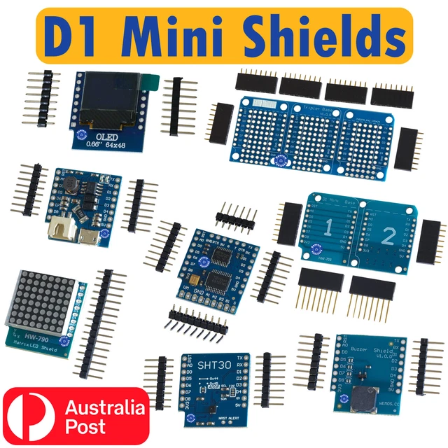 ESP8266 ESP32 D1 Mini WeMos Shields Motor Battery Buzzer Display SHT30 ...