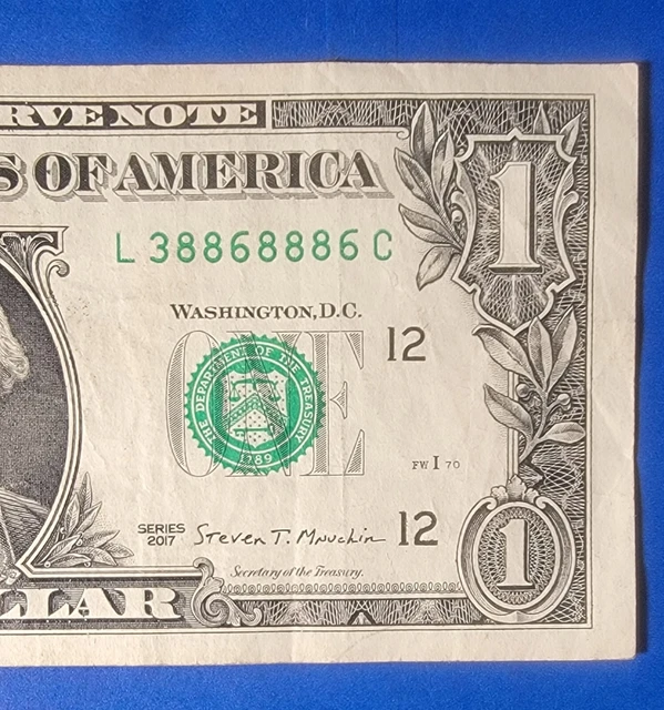 FANCY SERIAL NUMBER 2017A One Dollar Note FIVE OF A KIND LUCKY 88888'S ...