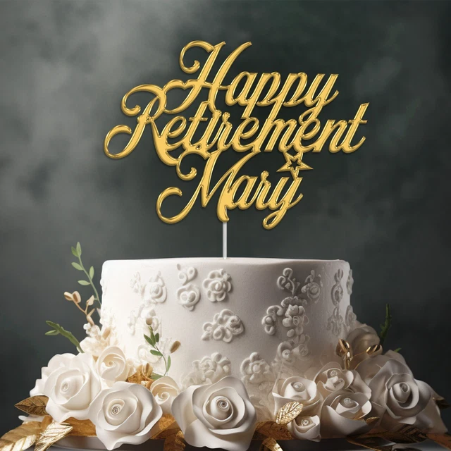 PERSONALISED RETIREMENT CAKE Topper Custom Any Name Word Mirror Acrylic ...