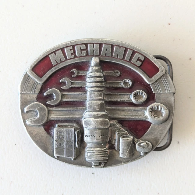 MECHANIC BELT BUCKLE Siskiyou Garage Spark Plug Grease Monkey Vintage ...