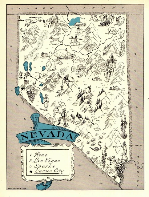 1930S ANTIQUE NEVADA State Map RARE Animated Nevada Picture Map BLU ...