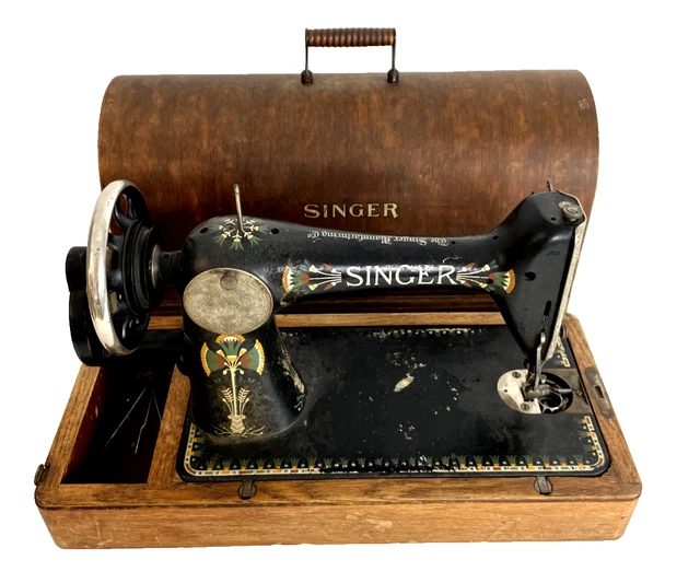 ANTIQUE VINTAGE SINGER Hand Crank Sewing Machine Lotus Decals with Lid ...