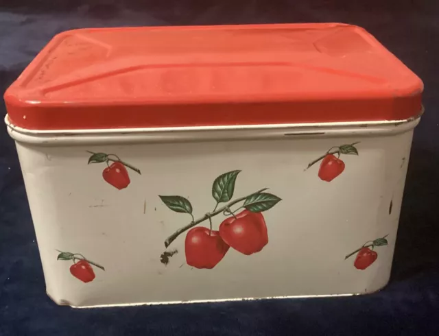 Vintage Decoware Red Apples Metal Bread Box Keeper Hinged Lid 1940 50s