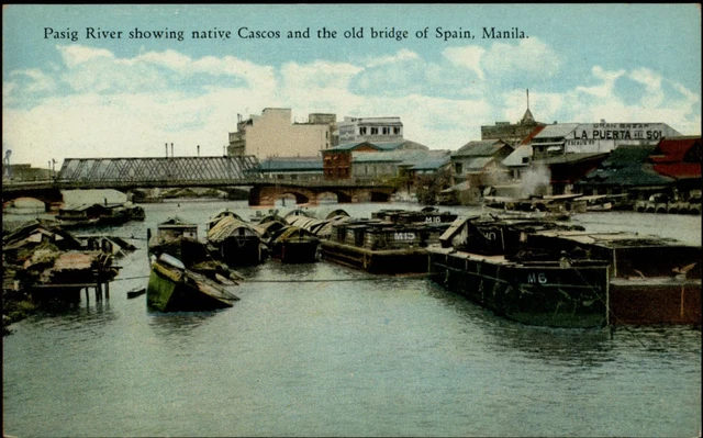 MANILA LUZON PHILIPPINES Pasig River Cascos barges Old bridge of Spain ...