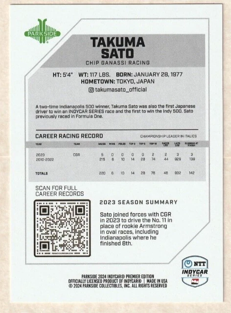 2024 TAKUMA SATO firmata INDIANAPOLIS 500 PARKSIDE BOX TOP CARD INDY ...