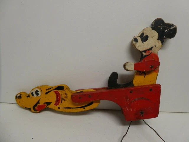 VINTAGE WALT DISNEY Mickey Mouse In Cart Pluto Wooden Pull Along Toy ...
