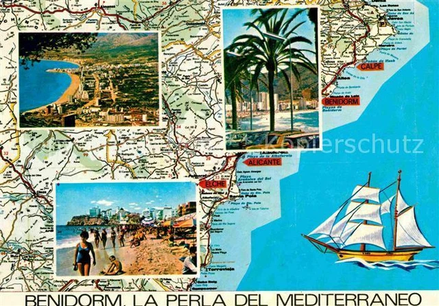 72875060 BENIDORM PANORAMA Beach Palms Map Coastal Sailboat Costa ...