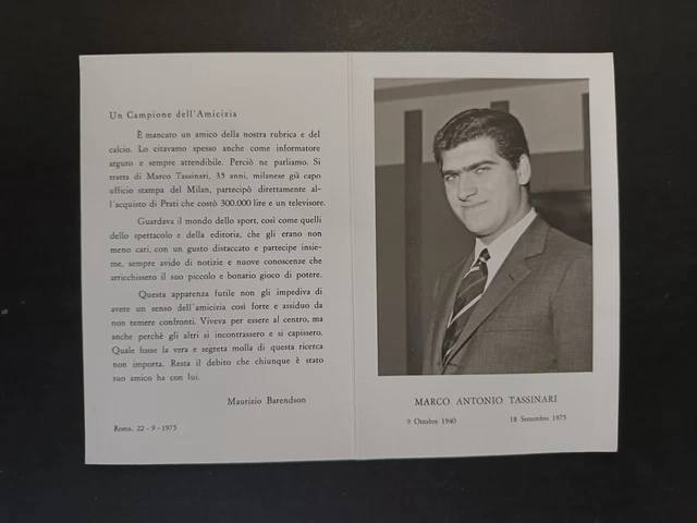 CARTONCINO LUTTO MARCO TASSINARI (con scritto di Renzo Tassinari 1976 ...
