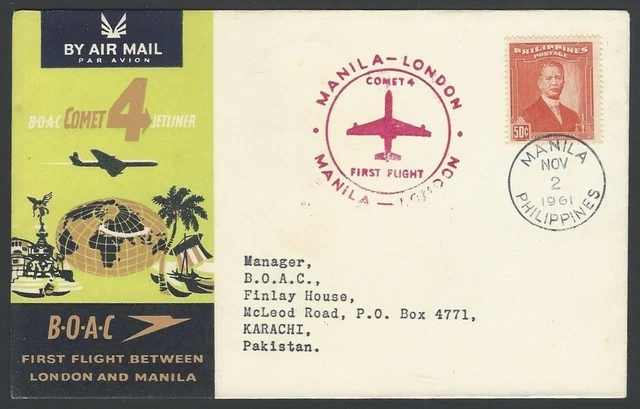 PHILIPPINES 1961 BOAC Comet 4 Jetliner First Flight cover FFC to ...