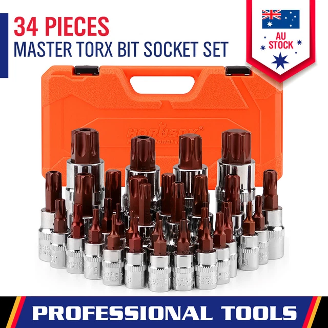 34-PIECES MASTER TORX Bit Socket Set Impact Star Bits S2 1/2" 3/8" 1/4 ...