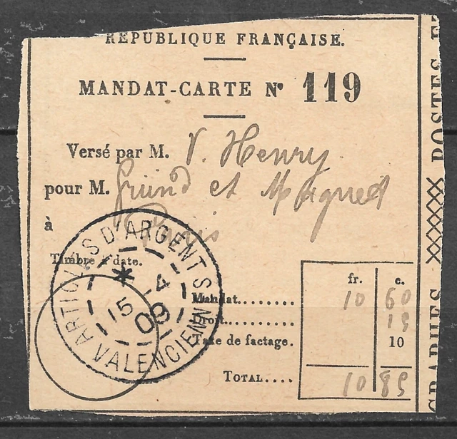 FRANCE TIMBRE À date de service ARTICLES d'ARGENT sur récipissé de mandat-carte EUR 3,00 ...