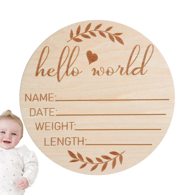 1X 5.9INCH ROUND Wooden Birth announcement Sign with Hello World Photo ...