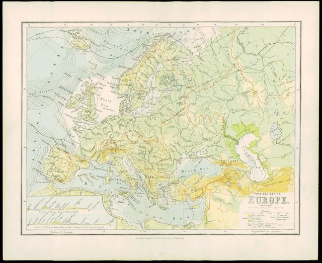 1900 ANTIQUE COLOUR PHYSICAL MAP OF EUROPE (02) £15.00 - PicClick UK