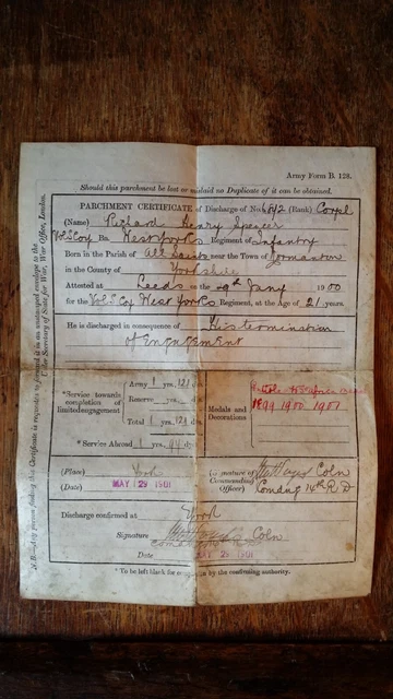 1901 PARCHMENT CERTIFICATE Of Army Discharge - Richard Henry Spencer ...