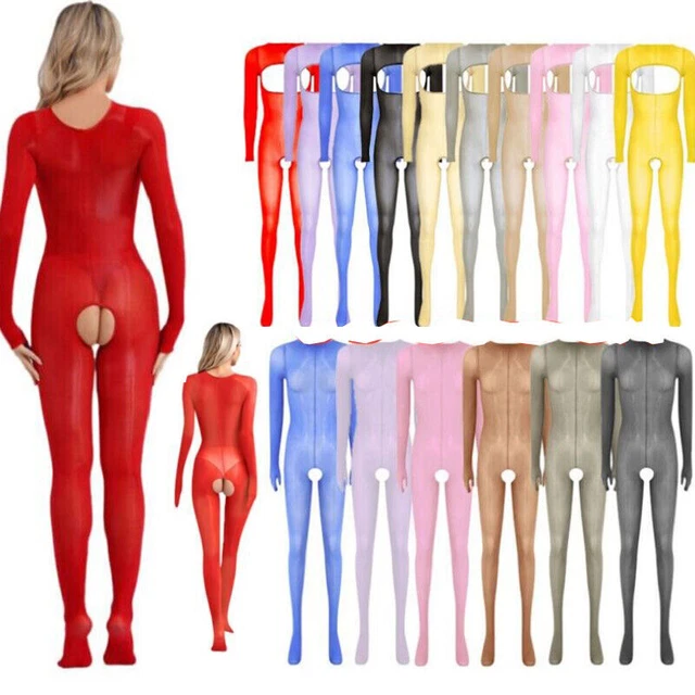 UK WOMENS FULL Body Bodystocking Open Breast Crotchless Glossy Stretchy ...