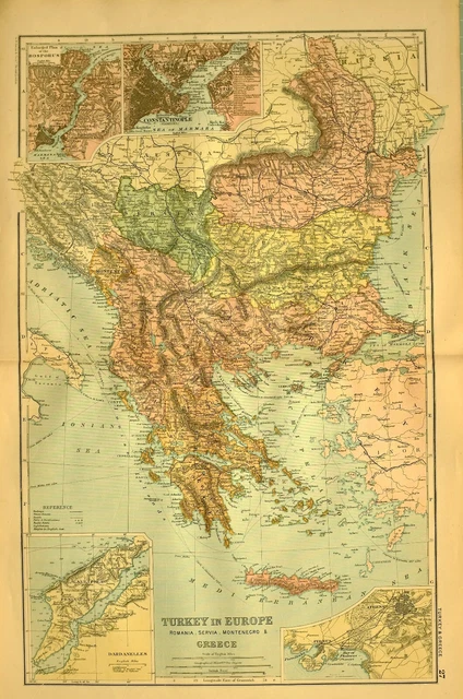 1894 MAP TURKEY In Europe Romania Servia Montenegro Athens Dardanelles ...