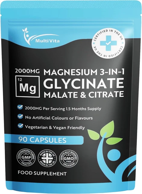 MAGNESIUM GLYCINATE 3-IN-1 Complex 2000mg – 90 Vegan Capsules, High ...