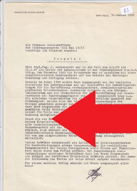 B3, LETTER FROM former Volkswagen Director Hans Mayr to an engineer ...