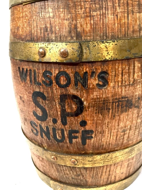 ANTIQUE WILSONS S.P. Snuff Storage Oak & Brass Barrel Storage Box / Jar ...