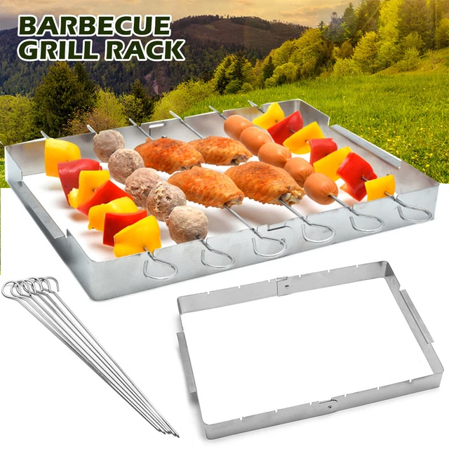 BBQ SKEWER RACK Barbecue Kabob Skewer Rack Stainless Steel BBQ Metal ...