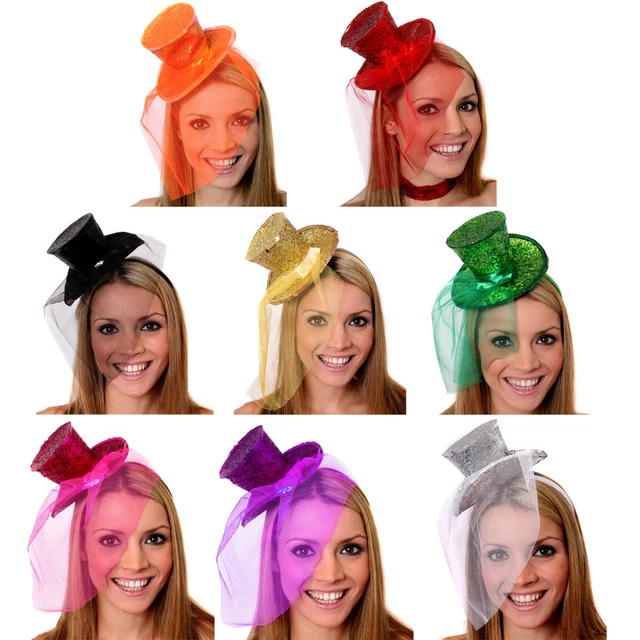 6 X MINI Glitter Top Hat Headband Veil Ladies Burlesque Hen Night Fancy ...