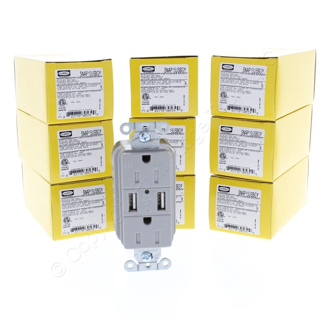 10 HUBBELL SNAP15USBGY Gray Decorator SNAPConnect 15A Receptacle ...