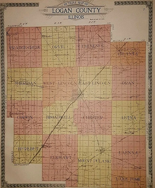OLD 1910 ORIGINAL Railroad & County Map ~ LOGAN Co., ILLINOIS ~ Vintage ...