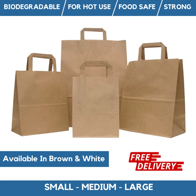 PAPER BAGS WITH Handles SOS Food Carrier Takeaway Bags Brown & White ...