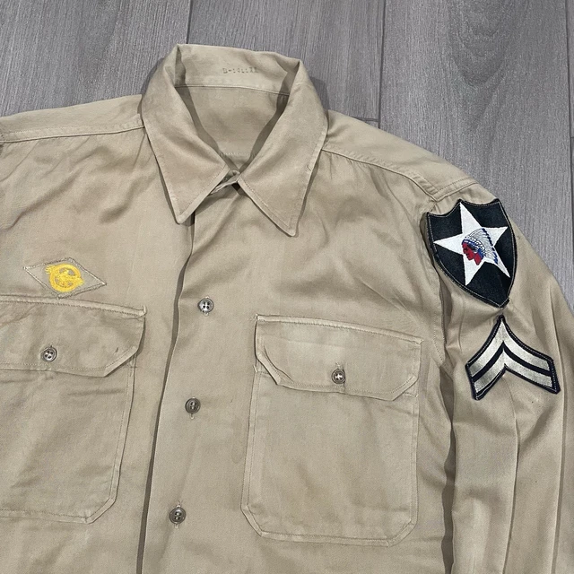VTG 40S WW2 US Army Khaki Cotton Uniform Shirt Patch Apache Indian Head ...