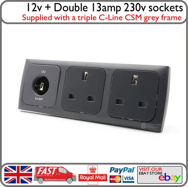 GREY C-LINE 12V Socket w/ Double 230v 240v 13a Mains Socket Hookup ...