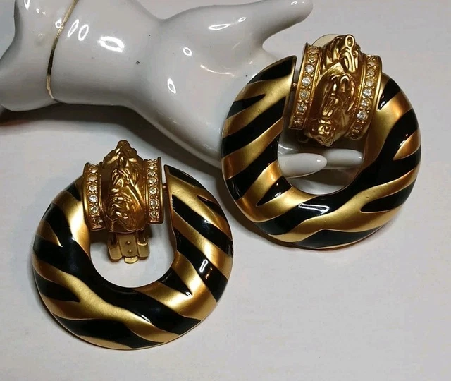 VINTAGE ELIZABETH TAYLOR For Avon Zebra Stripe Earrings Gold Tone ...