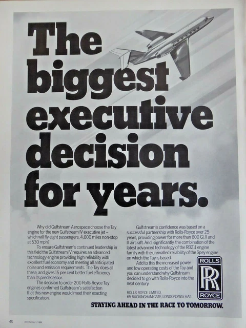 1/1984 PUB ROLLS-ROYCE Tay Engine Grumman Gulfstream Iv Business Jet ...