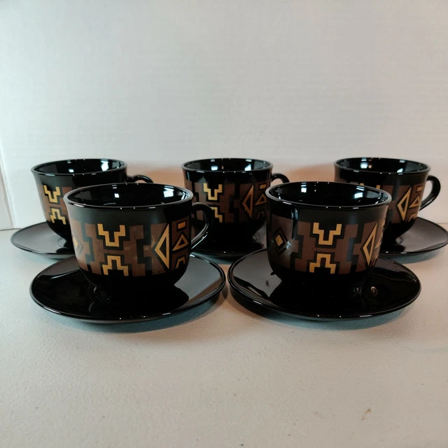 SET OF 5 Folkloric Tribal Native Design Tea Cups Mugs & 5 Tapas Small ...