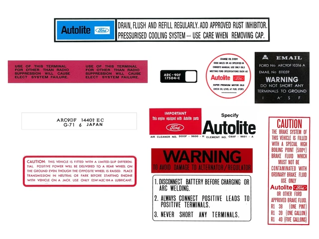FORD ENGINE BAY Decal kit XY GT Autolite Warning Emission Battery ...