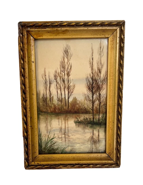 TABLEAU GOUACHE AQUARELLÉ 1900, paysage bord d'étang, lac, rivière, signé MJ EUR 22,00 - PicClick FR