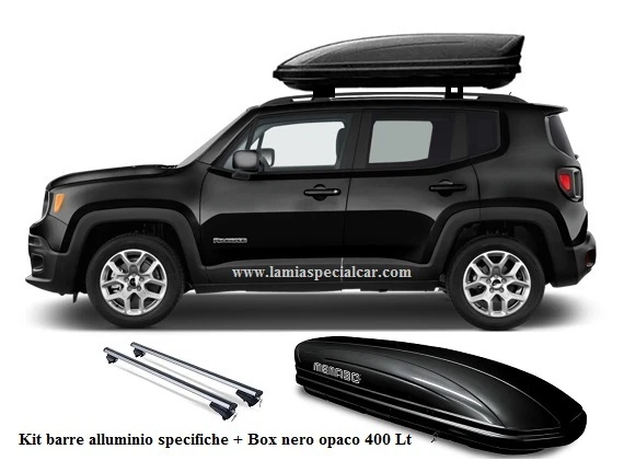 BARRE PORTAPACCHI + BOX TETTO BAULE 400 LT. nero opaco per Jeep ...