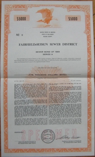 FAIRFIELD SOLANO CA 1965 Specimen Bond Certificate, California Cal EUR ...