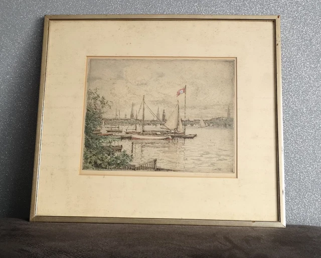 UNLESERLICHE SIGNIERT RADIERUNG Hamburger Alster Langhagen & Harnisch Kunsthaus EUR 95,00 ...