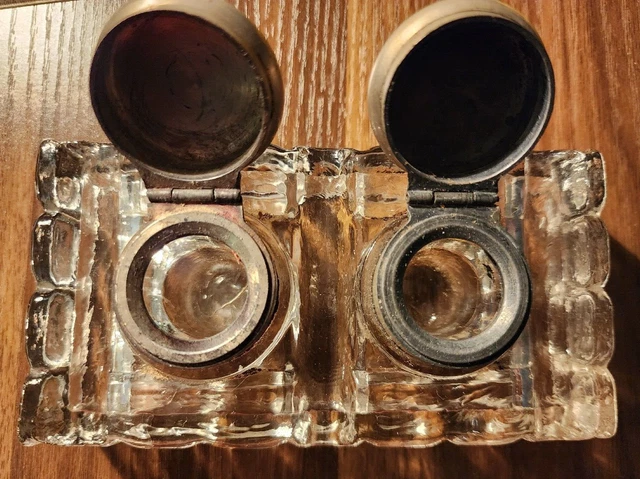 VTG ART DECO Paragon Double Inkwell w Hinged Metal Inserts & Thick ...