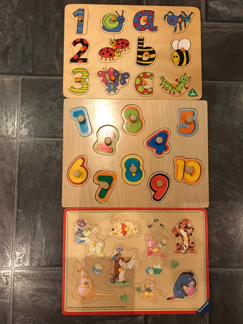 TODDLER WOODEN PEG Puzzle Bundle x 3 Winnie The Pooh, Numbers Etc £9.95 ...