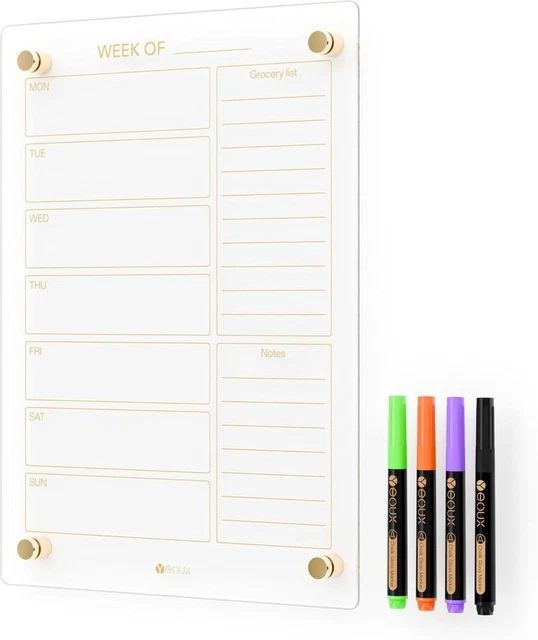 CLEAR GLASS WEEKLY Dry Erase Calendar & Menu Non-Magnetic Whiteboard ...