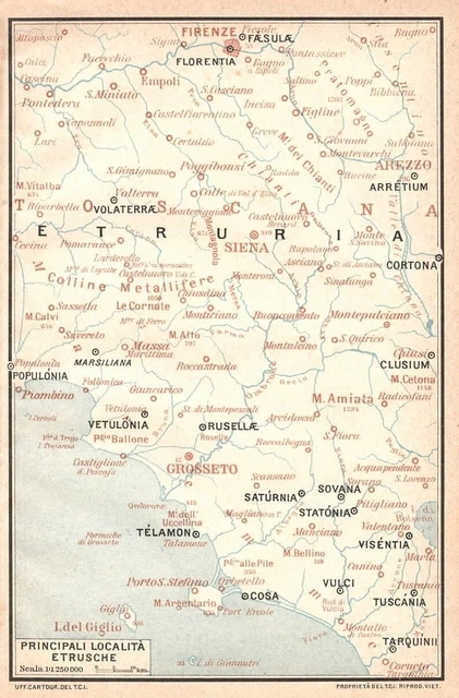 CARTA GEOGRAFICA ANTICA ETRUSCHI PRINCIPALI LOCALITA' Etruria Toscana ...