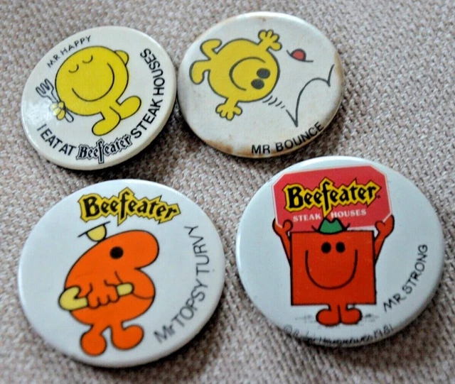 SET OF FOUR MR MEN BADGES Beefeater restaurant 1980s pins children's ...