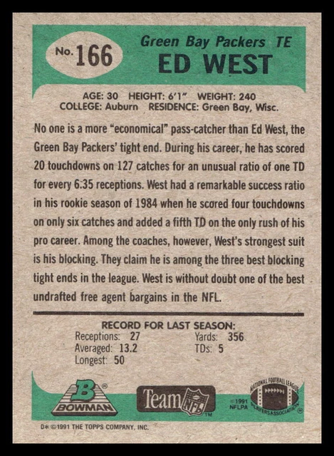 1991 BOWMAN #166 Ed West Green Bay Packers EUR 1,66 - PicClick FR