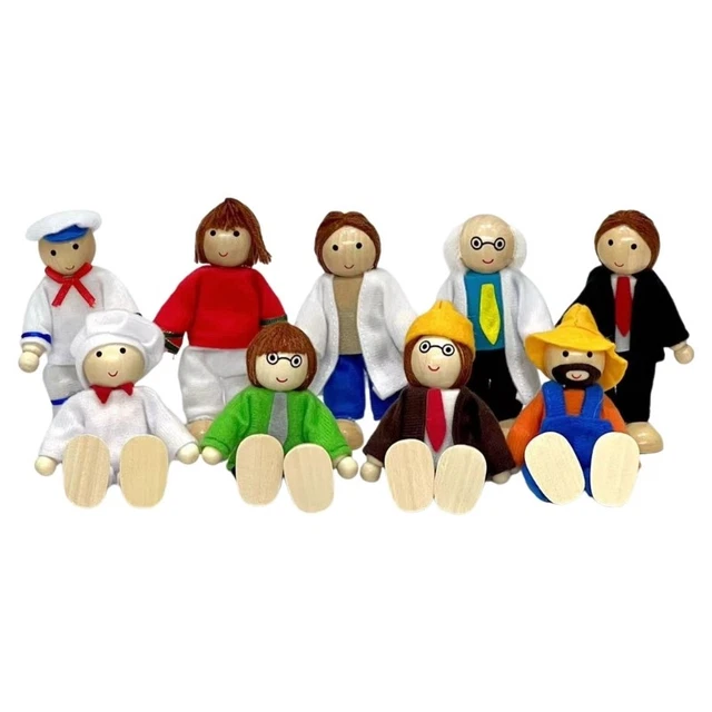 MOVABLE LIMB WOODEN Family Dolls 9 Character Pretend Play Educational ...