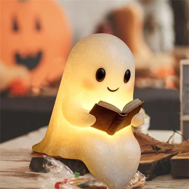NEW CUTE GHOST Reading Book Lamp Halloween Smile Ghost Statue 3D LED ...