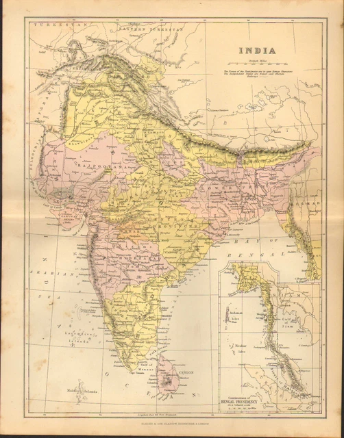 1874 CARTE ~ Inde Ceylan Madras Hyderabad Bombay ~ Médaillon Bengale ...